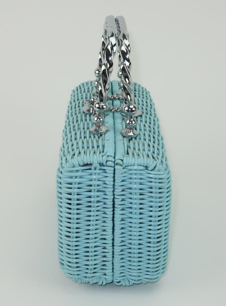 Baby Blue Coated Wicker Handbag With Silver Top Handle, 1960's at 1stDibs