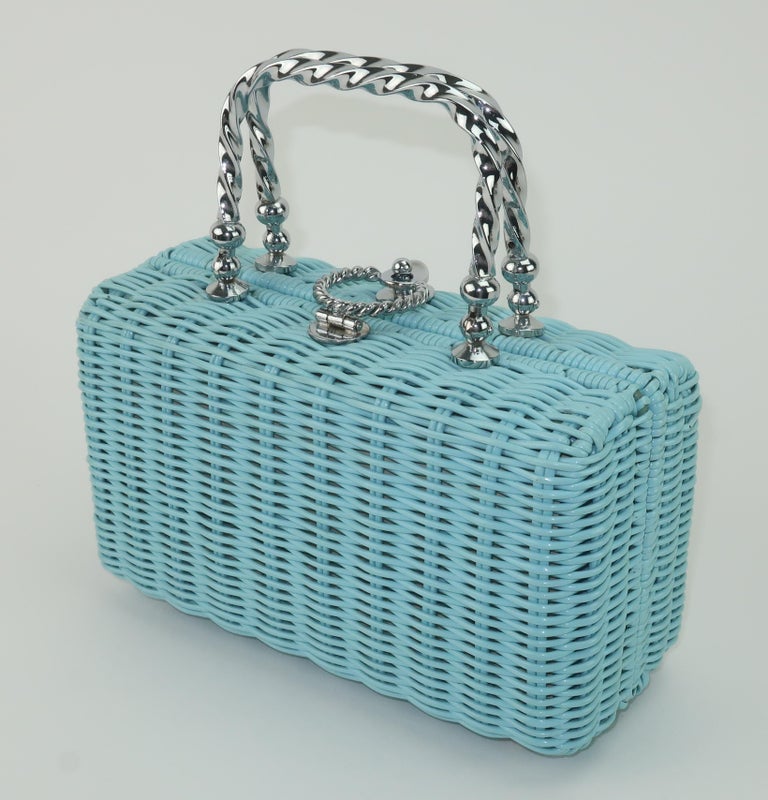 Baby Blue Coated Wicker Handbag With Silver Top Handle, 1960's at 1stDibs