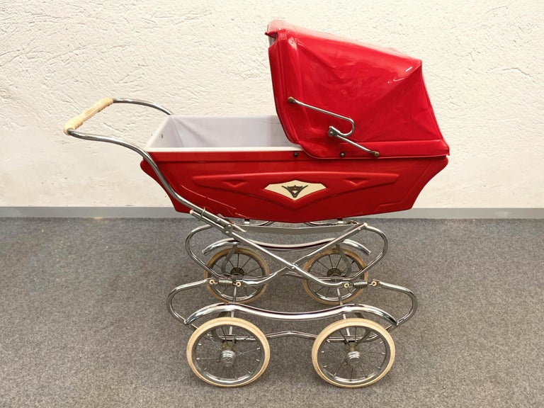 Baby Cars Midcentury Red Steel and Plastic Italian Baby Pram Stroller ...