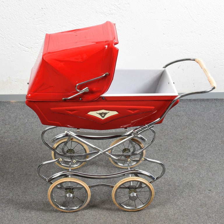 Baby Cars Midcentury Red Steel and Plastic Italian Baby Pram Stroller ...