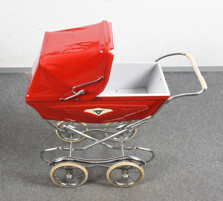 Baby Cars Midcentury Red Steel and Plastic Italian Baby Pram Stroller ...