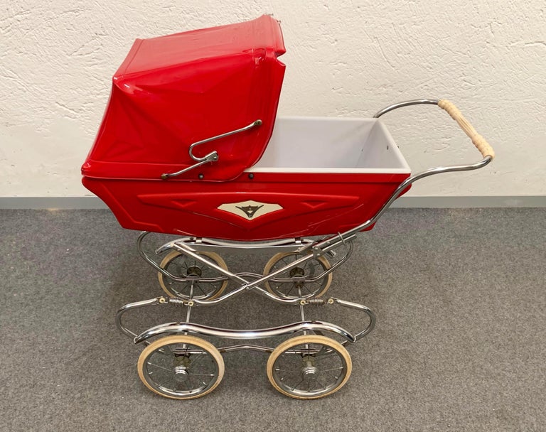 Baby Cars Midcentury Red Steel and Plastic Italian Baby Pram Stroller ...