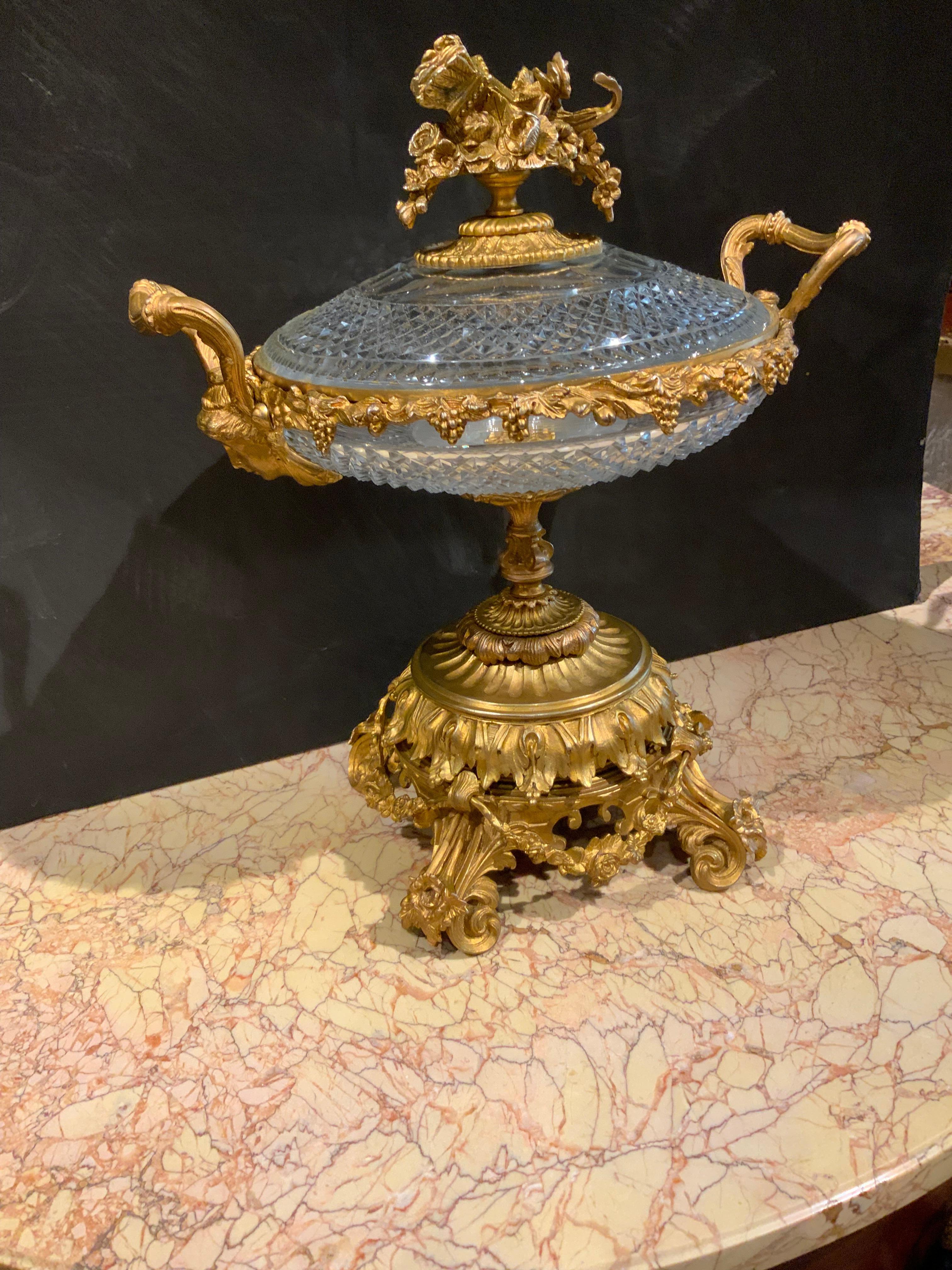 Baccarat compote with bronze dore mounts and handles For Sale at 1stDibs