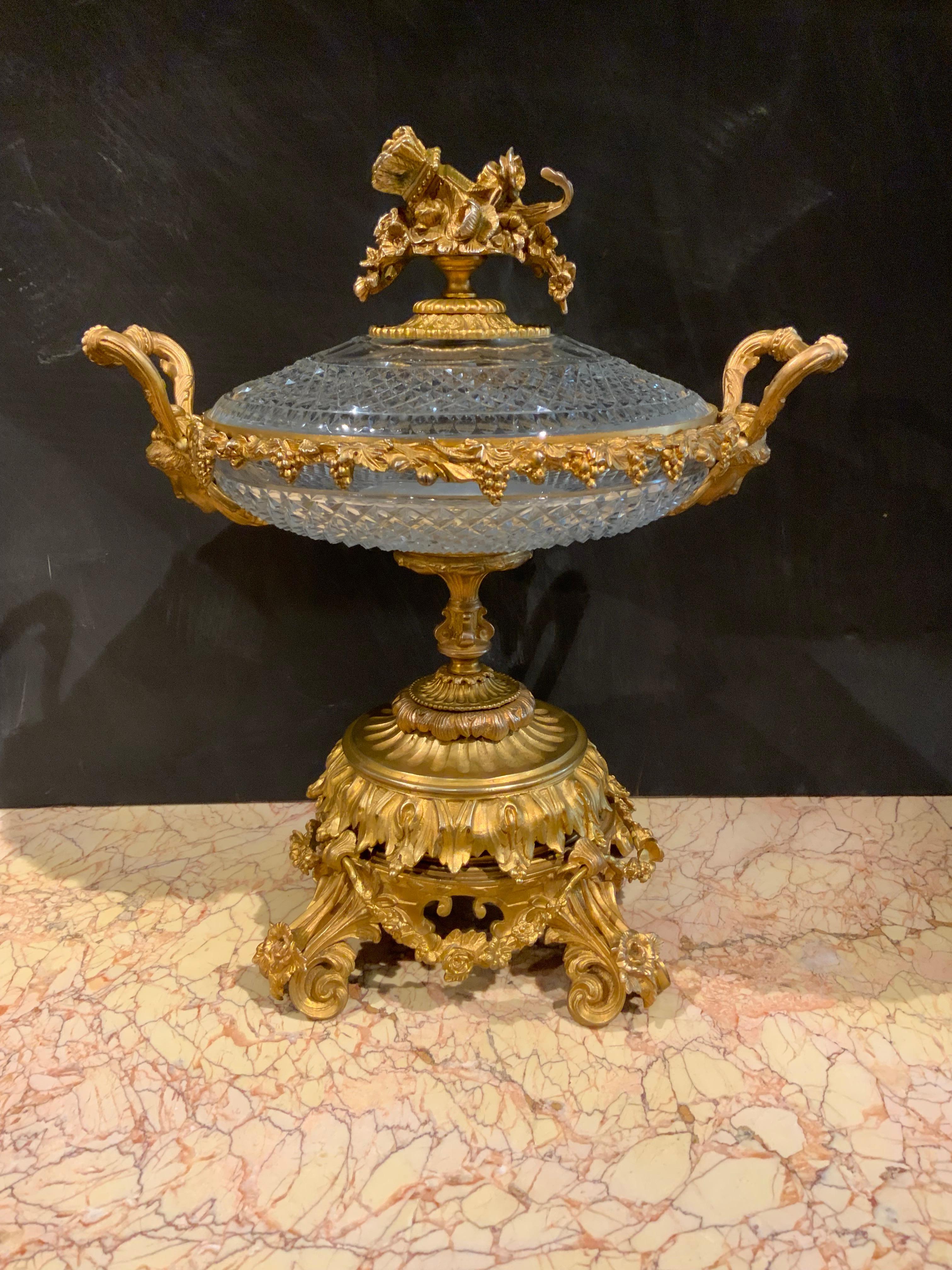 Baccarat compote with bronze dore mounts and handles For Sale at 1stDibs