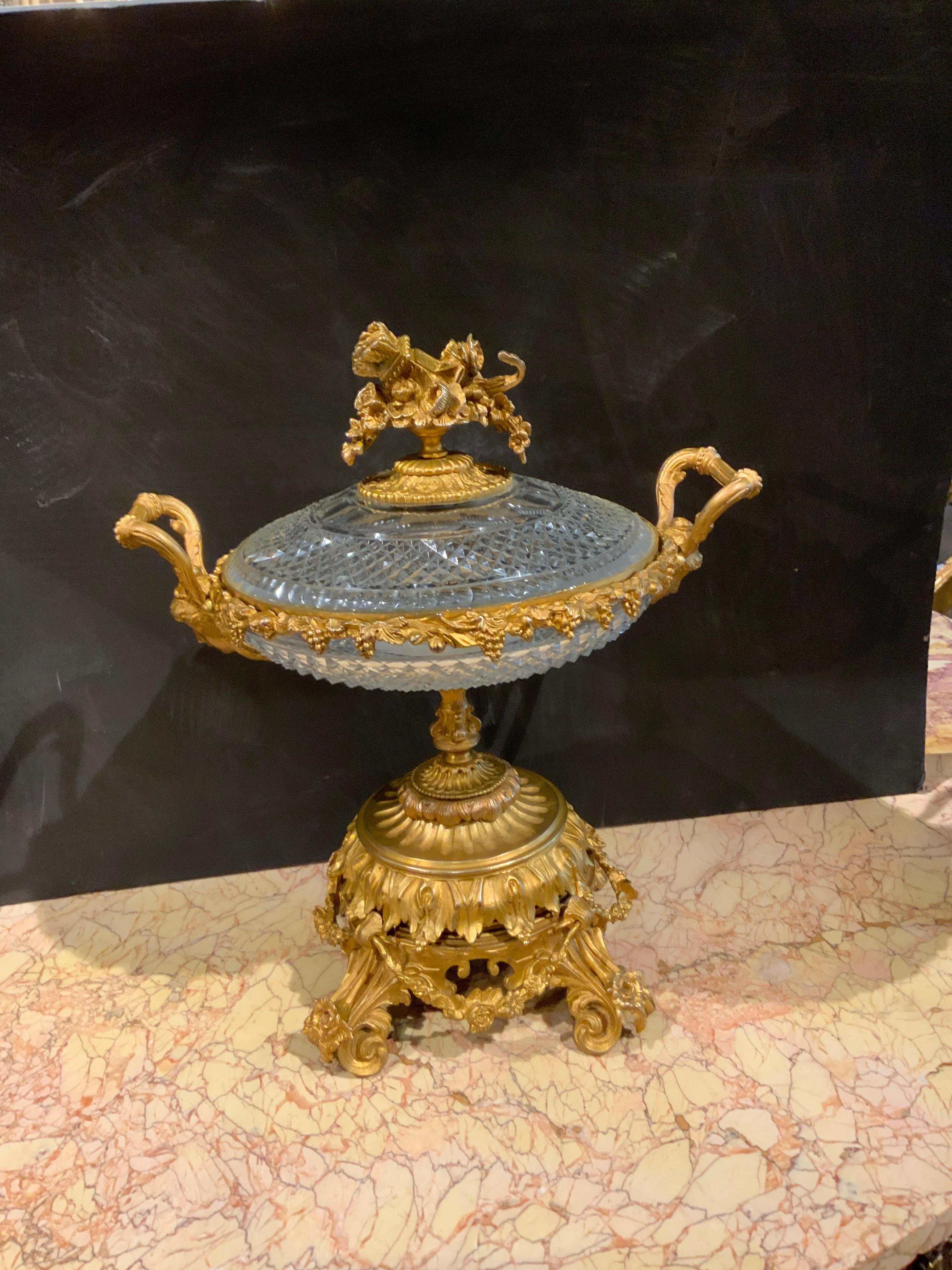 Baccarat compote with bronze dore mounts and handles For Sale at 1stDibs