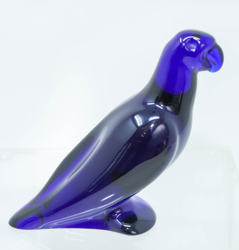 Baccarat France Crystal Cobalt Blue Glass Parrot Paperweight For Sale