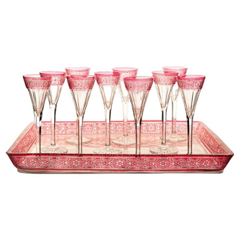 Set of 6 Green Overlay Baccarat Crystal glasses, 1 Decanter, Saint ...