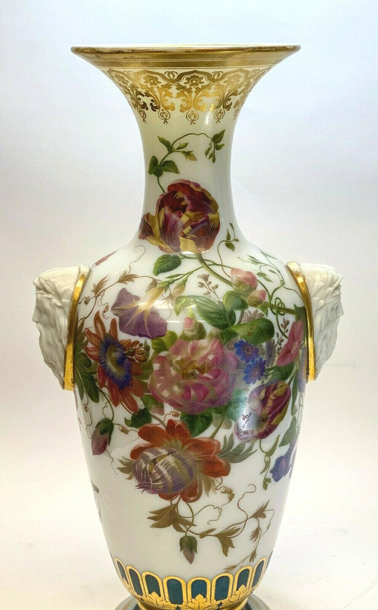 Baccarat White Opaline Glass Vase, Hand Painted Flowers, Molded Profile ...