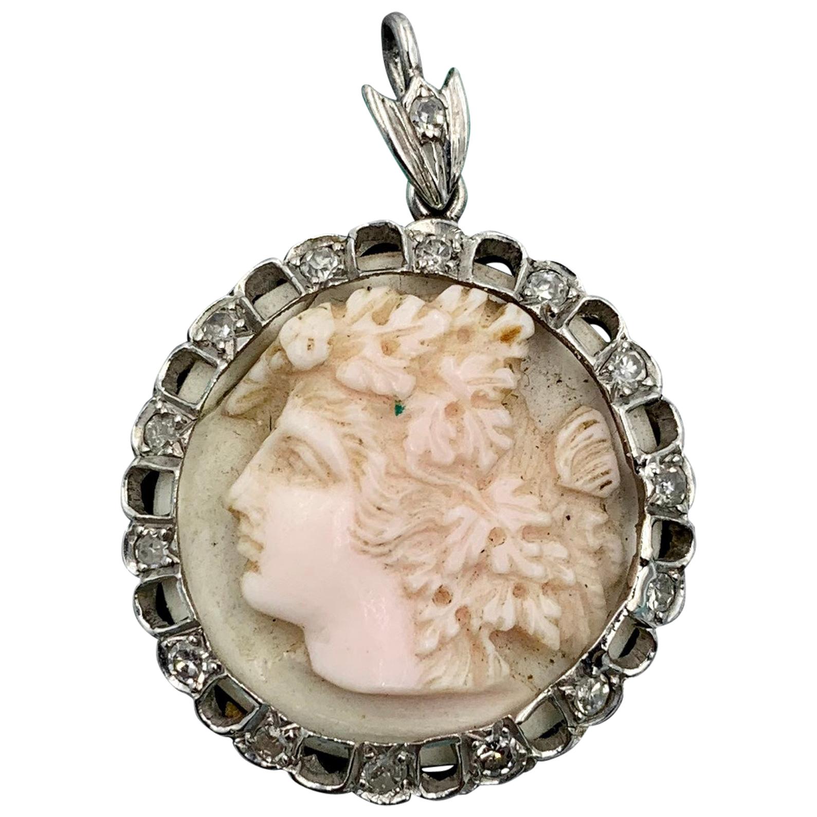 Carved Shell Cameo Pendant with Diamonds For Sale at 1stDibs