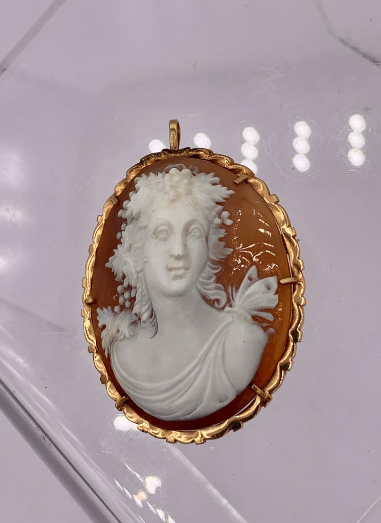 Bacchus Dionysus with Butterfly Cameo Pendant Brooch 14 Karat Gold ...
