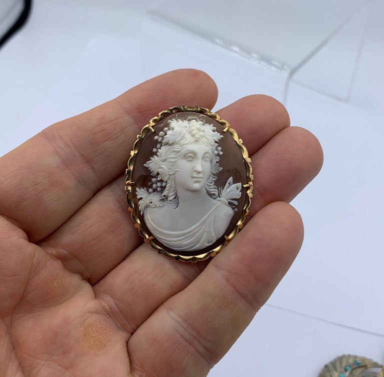 Bacchus Dionysus with Butterfly Cameo Pendant Brooch 14 Karat Gold ...