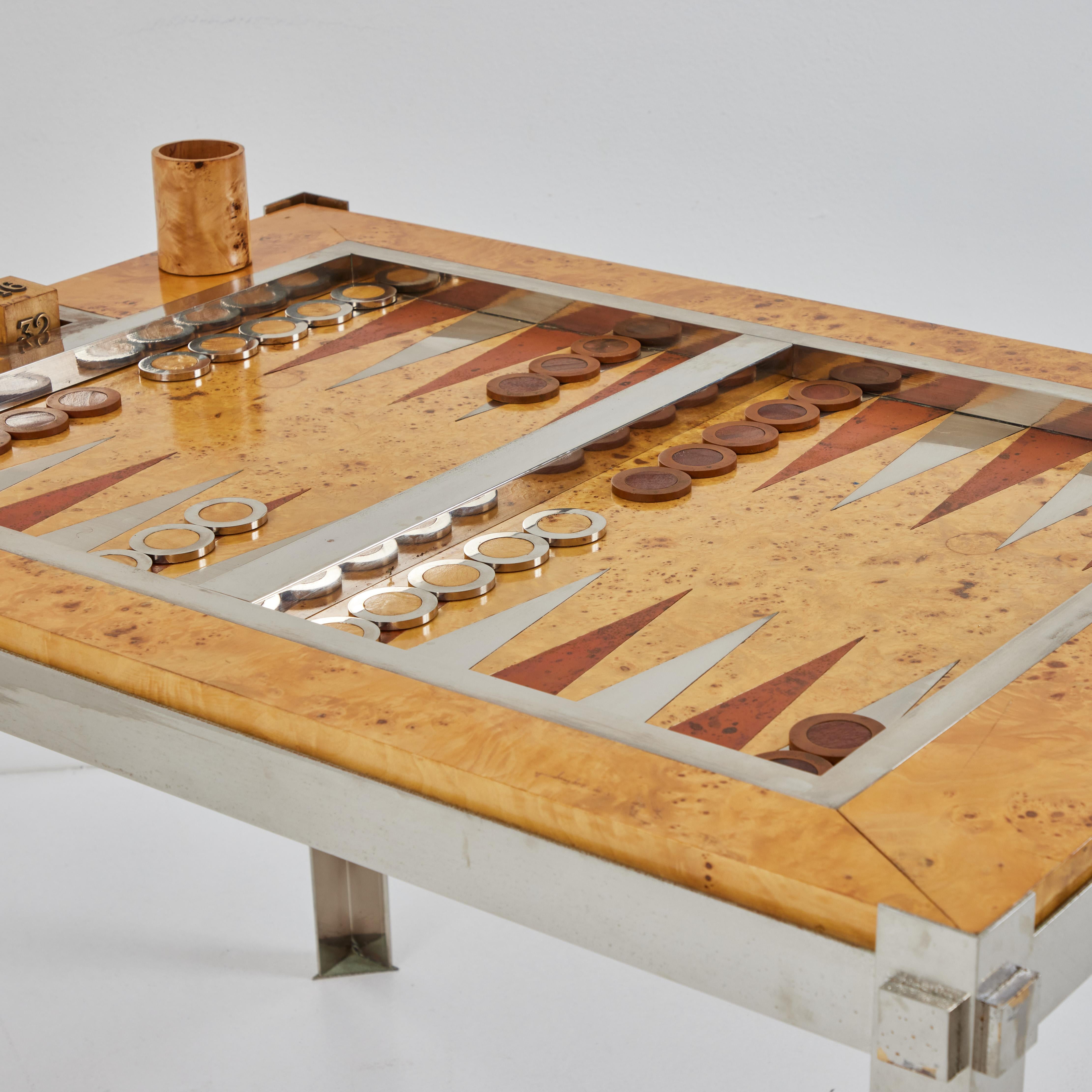 Backgammon Table, Chrome Metal and Burlwood Veneer, Tommaso Barbi ...