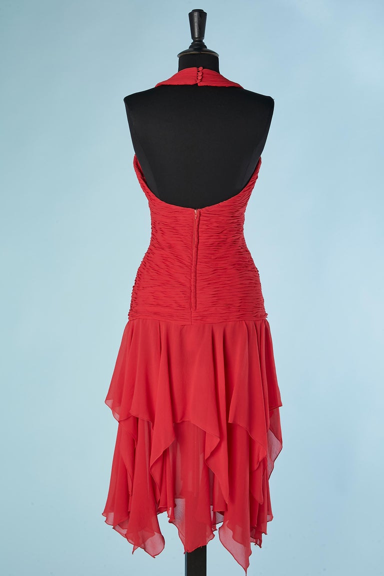 Backless red silk chiffon cocktail dress with drape and ruffles Fontana ...