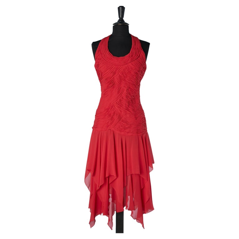 Backless red silk chiffon cocktail dress with drape and ruffles Fontana ...