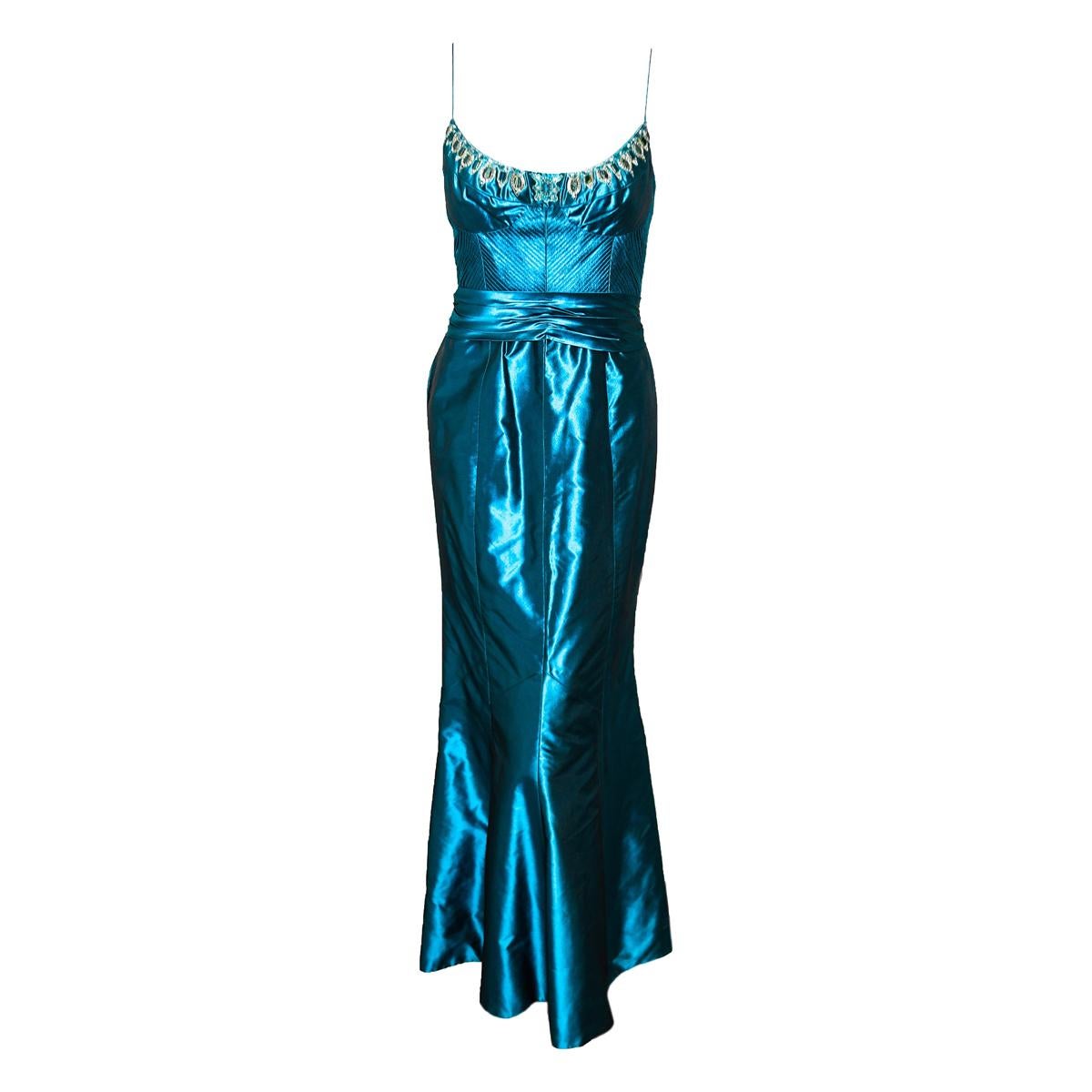 Badgley Mischka Turquoise Long Evening Dress Spaghetti Strap Beaded ...