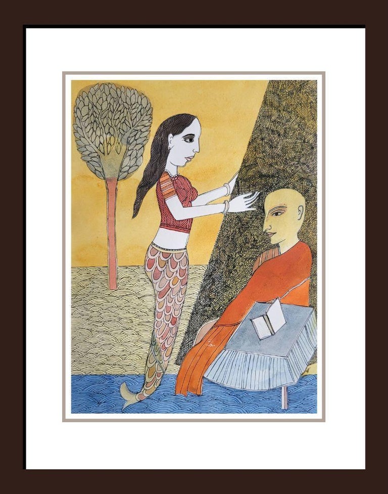 Badri Narayan - Mermaid and Scholar, Watercolor and Crosshatch on Paper ...