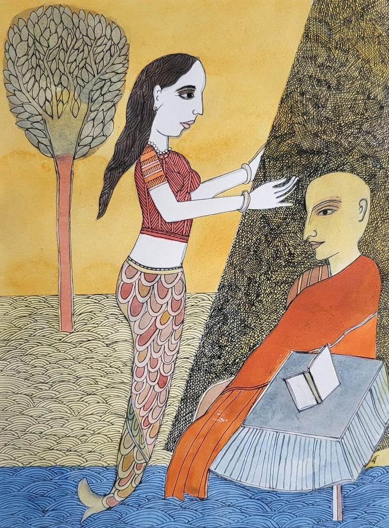 Badri Narayan - Mermaid and Scholar, Watercolor and Crosshatch on Paper ...