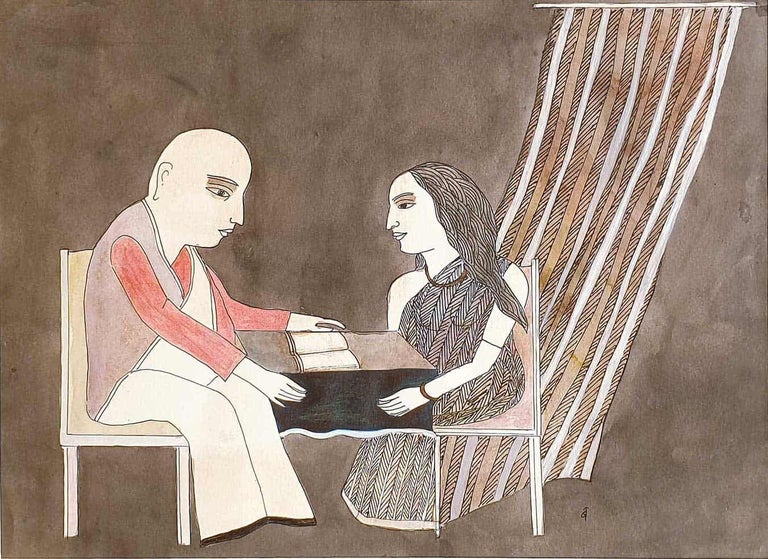 Badri Narayan - The Book Reading, Colour Pencil, Watercolor on paper by ...