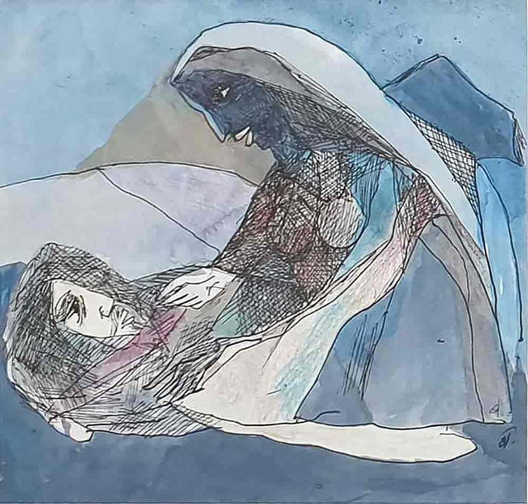 Badri Narayan - The Sleeping Monk and Woman, Ink, Watercolor, Mixed ...