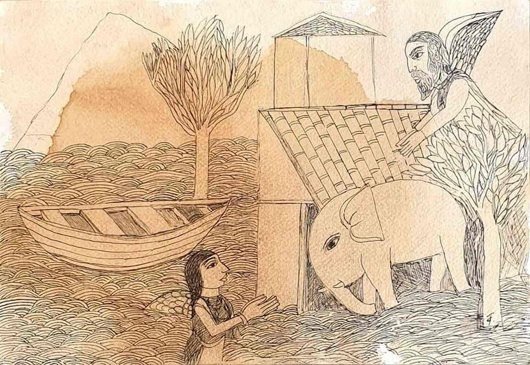 Badri Narayan - Welcoming the Young Elephant, Ink, Tea Stain on paper ...