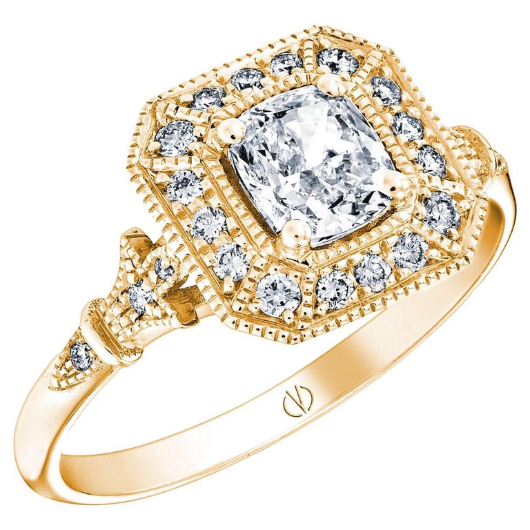 Customizable 18k Yellow Gold 0.7 Ct Cushion Diamond Ring set with 0.19 ...