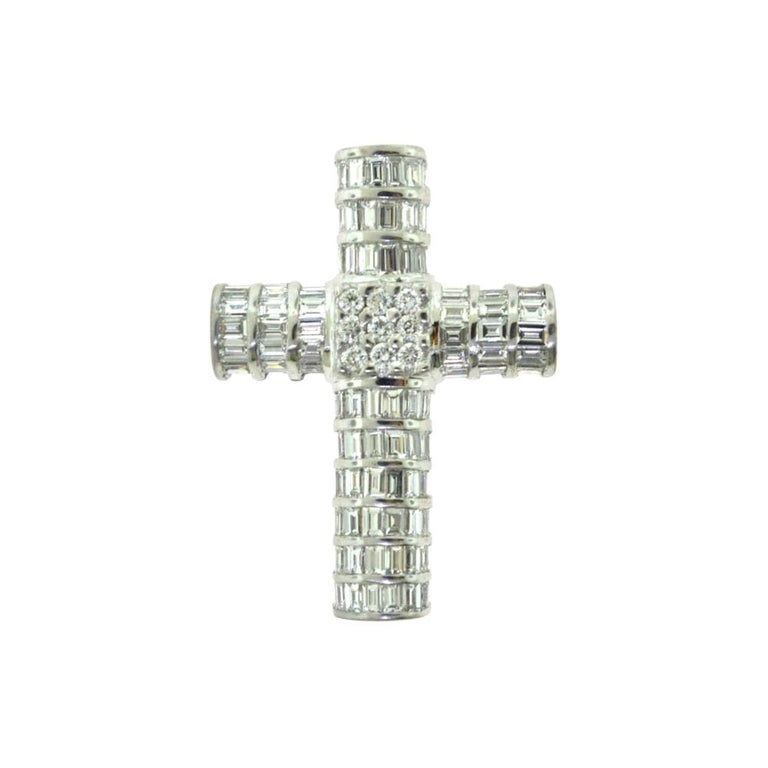 Baguette and Round Diamond Mini Cross White Gold Pendant For Sale at ...