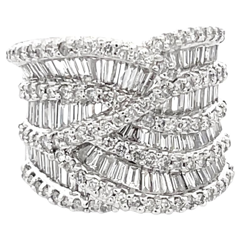 Baguette and Round Diamond Saddle Criss Cross Ring in 18k White Gold ...