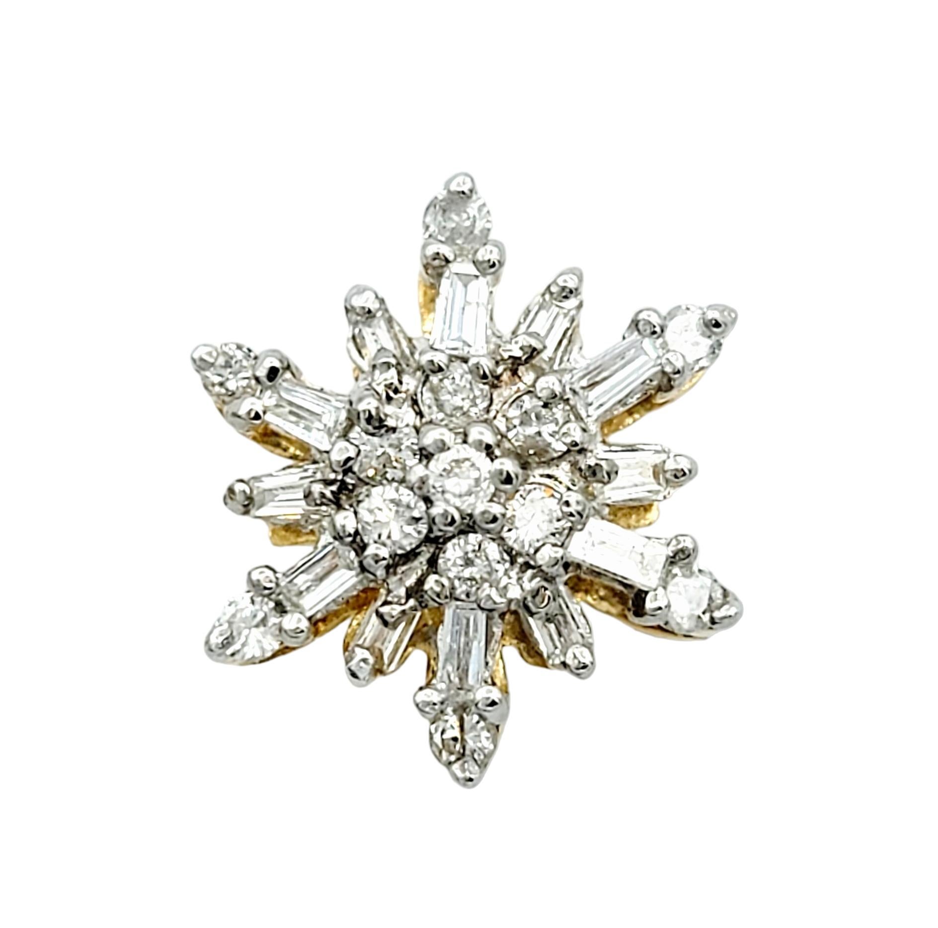Baguette and Round Diamond Snowflake Stud Earrings Set in 14 Karat Two ...