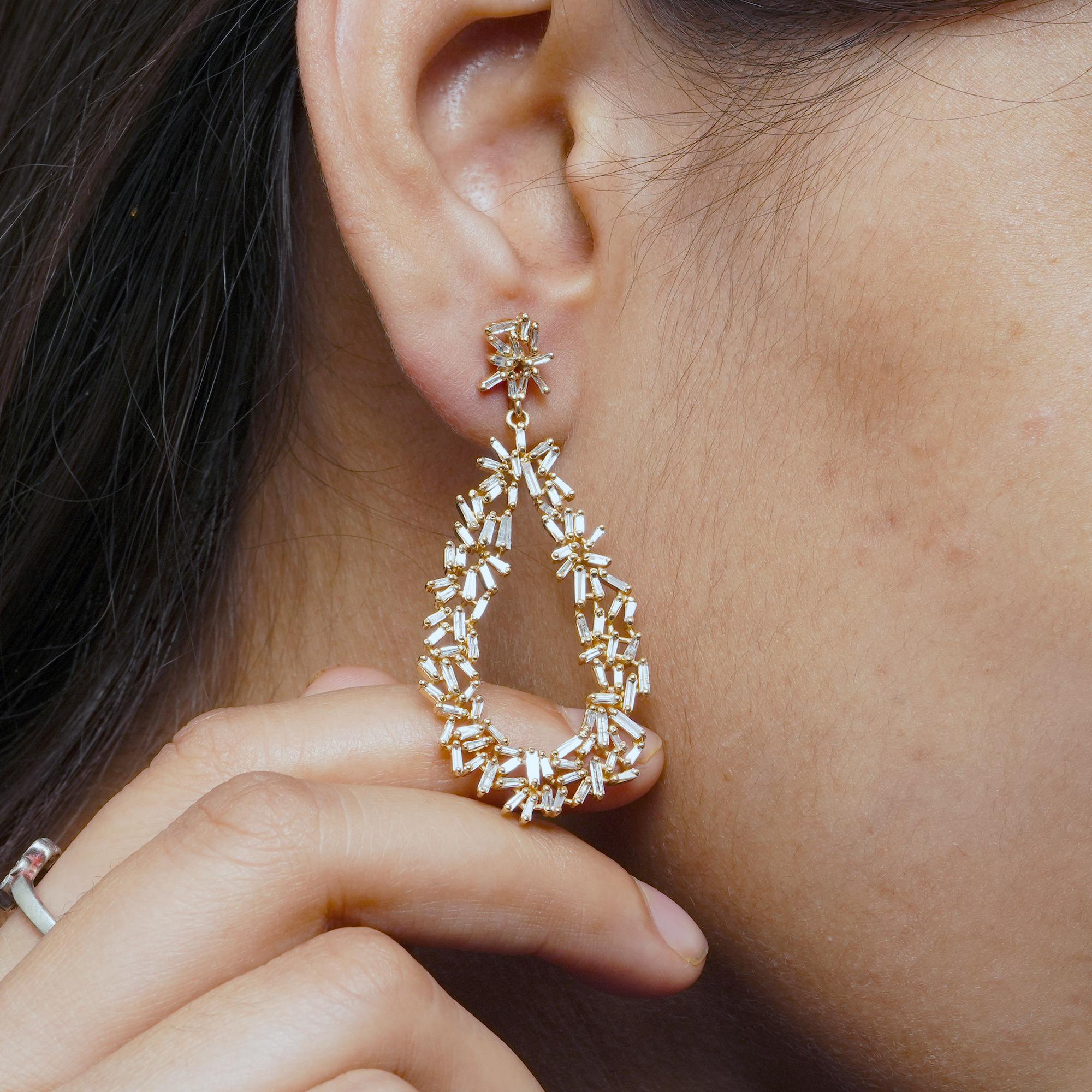 14K Yellow Gold 1.62 Ct Baguette Diamond Open Teardrop Statement ...