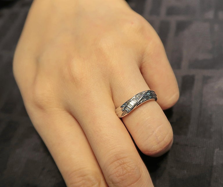 Baguette Diamond Wave Fluted 18 Karat White Gold Band Ring For Sale at ...