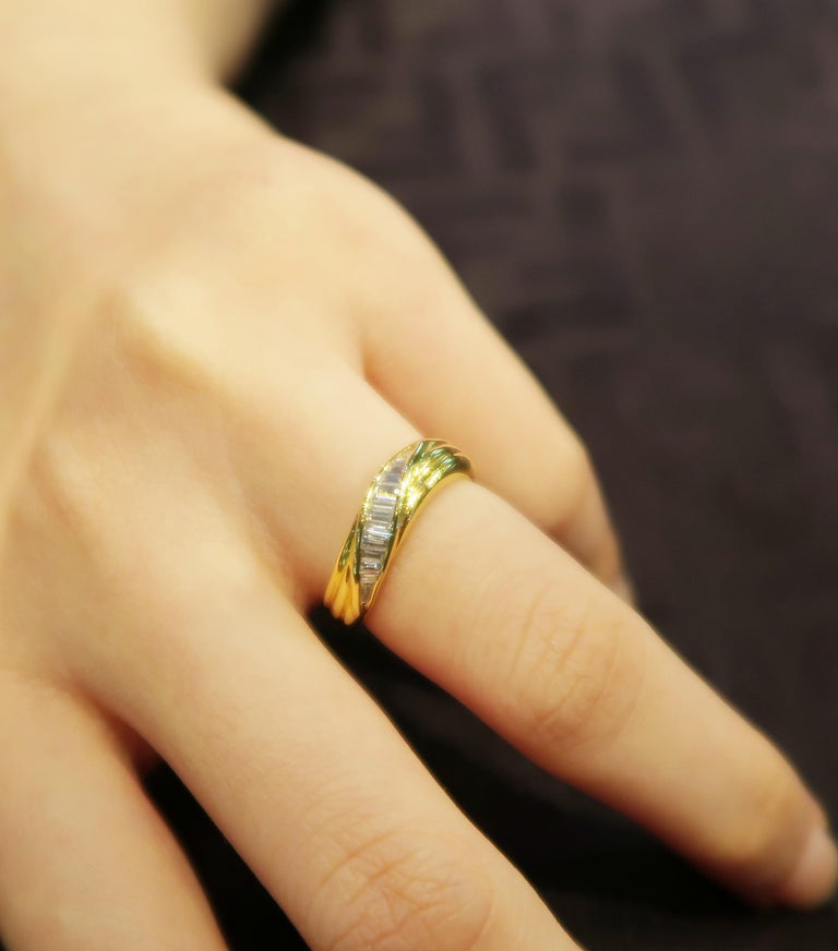 Baguette Diamond Wave Fluted 18 Karat Yellow Gold Band Ring For Sale at ...