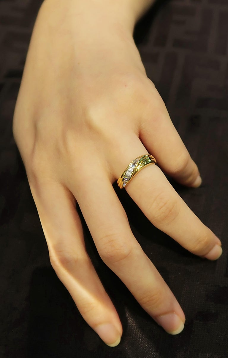 Baguette Diamond Wave Fluted 18 Karat Yellow Gold Band Ring For Sale at ...