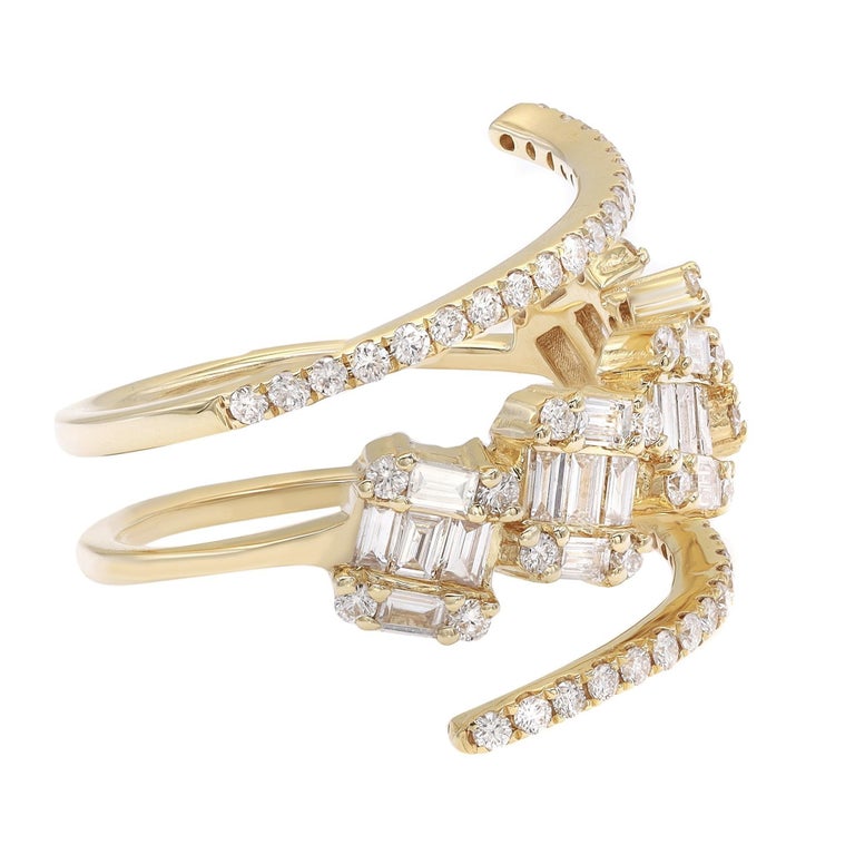 Baguette and Round Cut Diamond Spiral Wrap Ring 18K Yellow Gold 1 ...