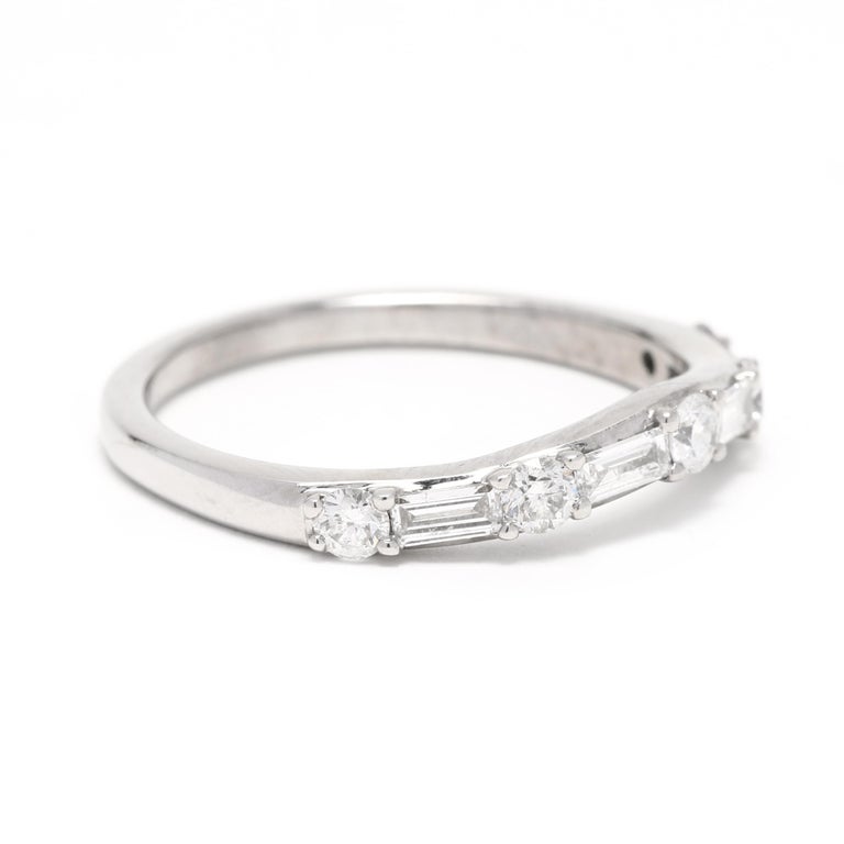 Baguette Round Diamond Curved Wedding Band, 14K White Gold, Ring For ...