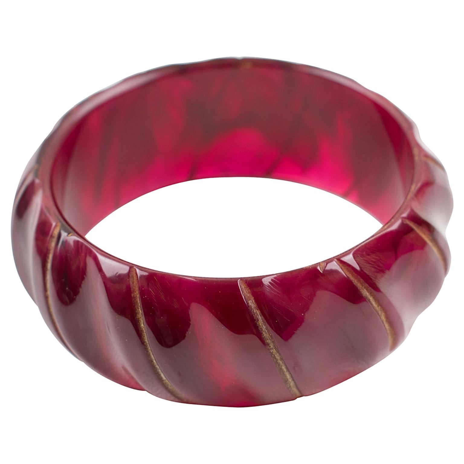 Bakelite Carved Bracelet Bangle Sangria Red Marble at 1stDibs