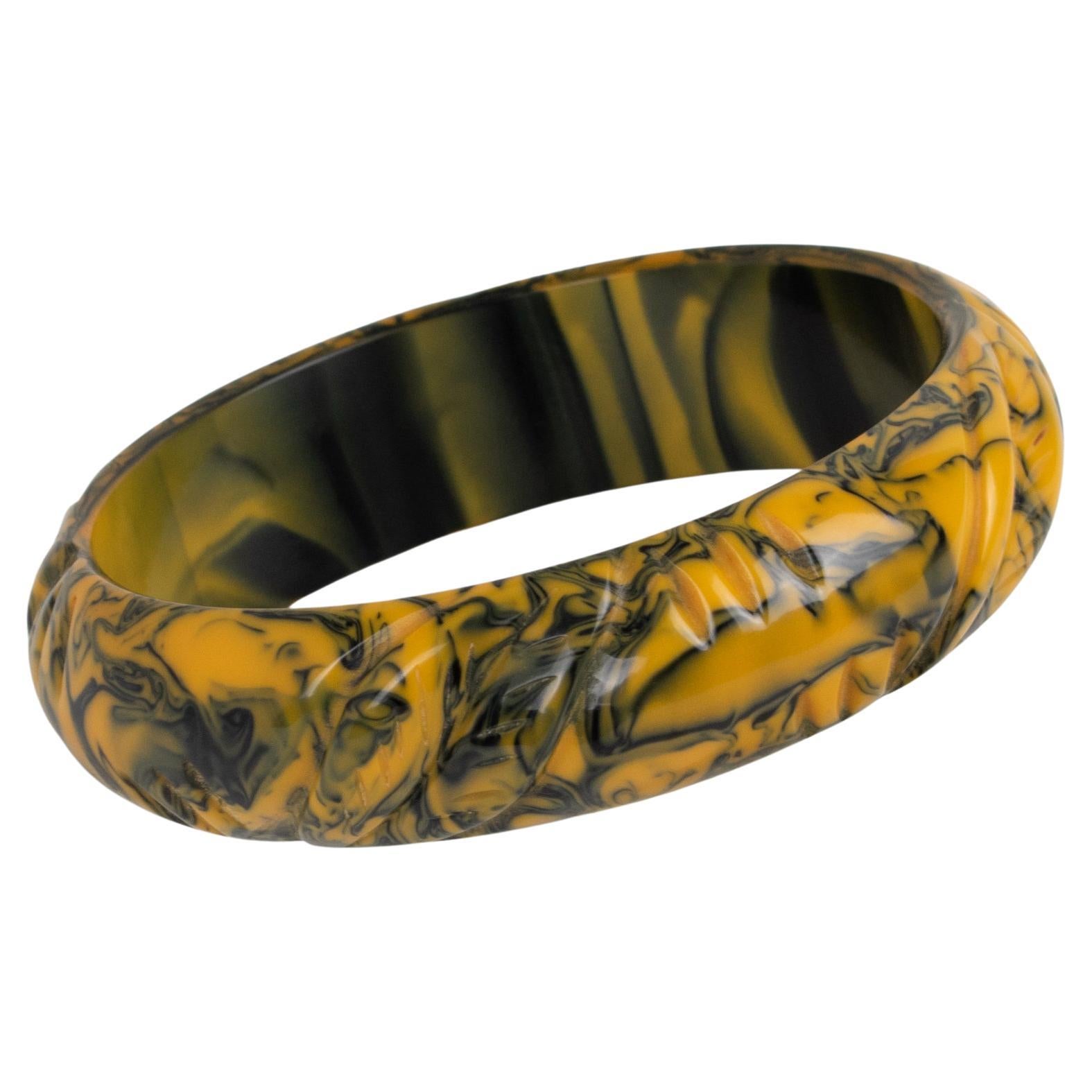 Bakelite Bracelet Carved Bangle Black Mississippi Mud Marble For Sale ...