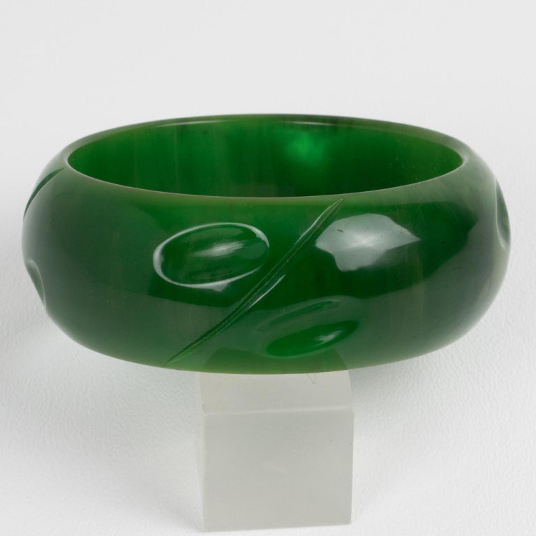 Bakelite Carved Bracelet Bangle Basil Green Marble For Sale at 1stDibs