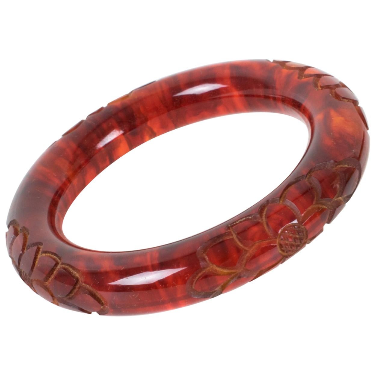 Bakelite Carved Bracelet Bangle Crimson Red For Sale at 1stDibs