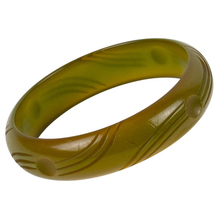Bakelite Carved Bracelet Bangle Translucent Asparagus Green For Sale at ...