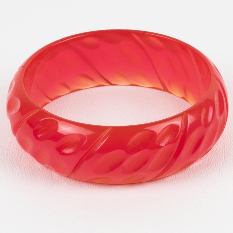 Bakelite Carved Bracelet Bangle Translucent Hot Pink Bubblegum For Sale ...