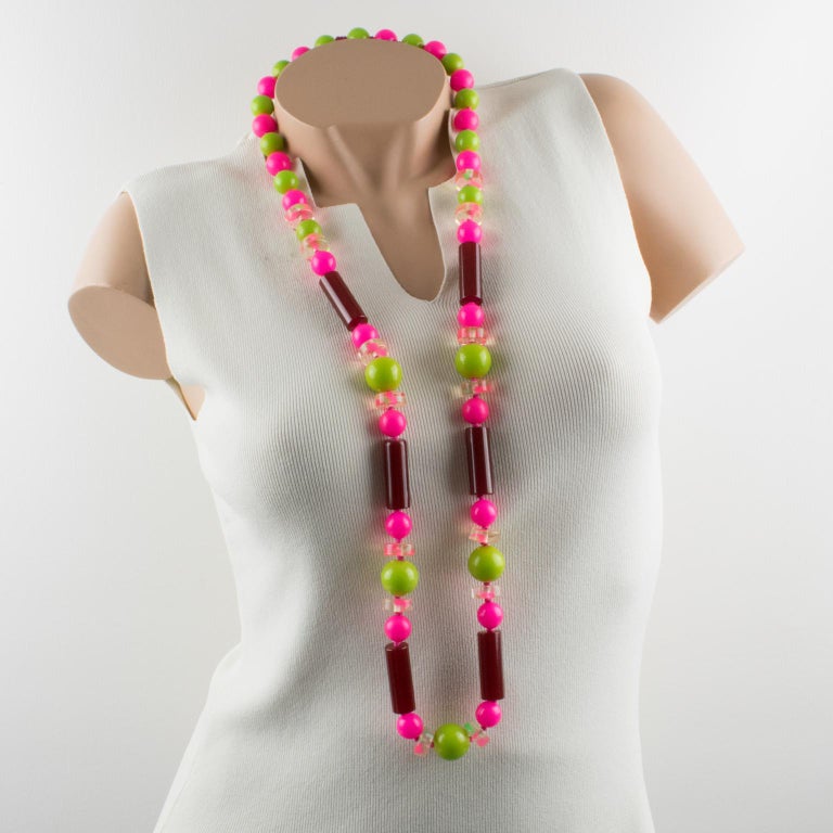 Bakelite and Lucite Extra Long Necklace Burgundy Hot Pink Apple Green ...