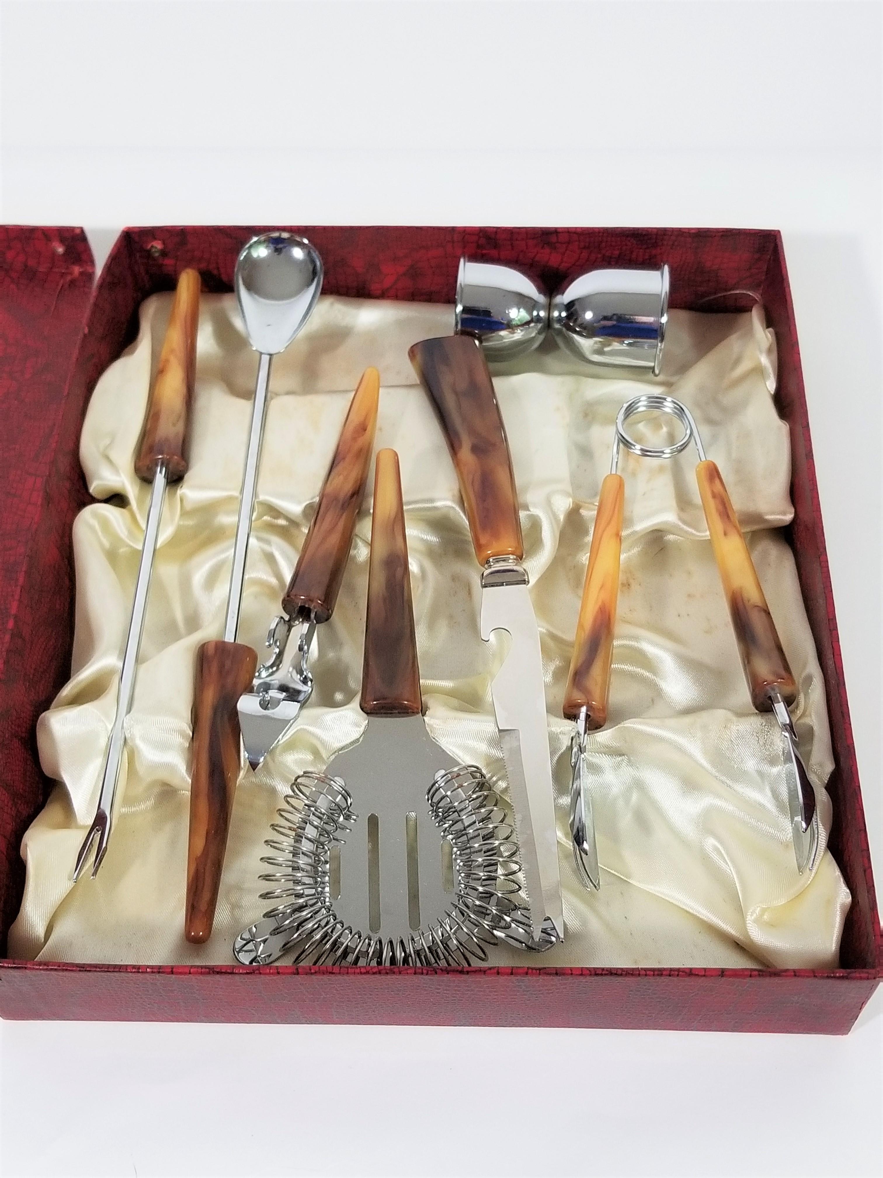 Bakelite Midcentury Bar Set 7 Piece Unused in Box at 1stDibs