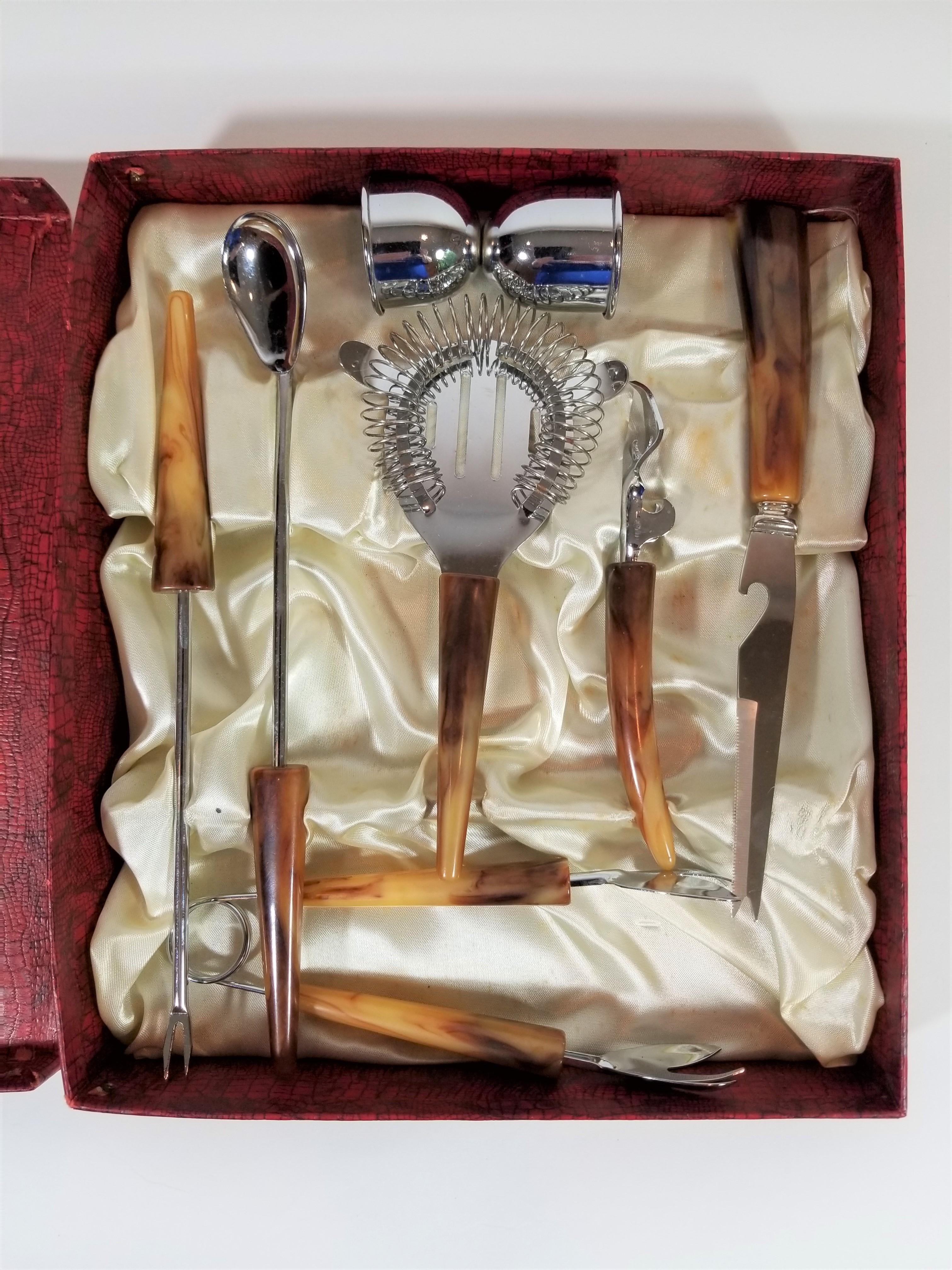 Bakelite Midcentury Bar Set 7 Piece Unused in Box at 1stDibs