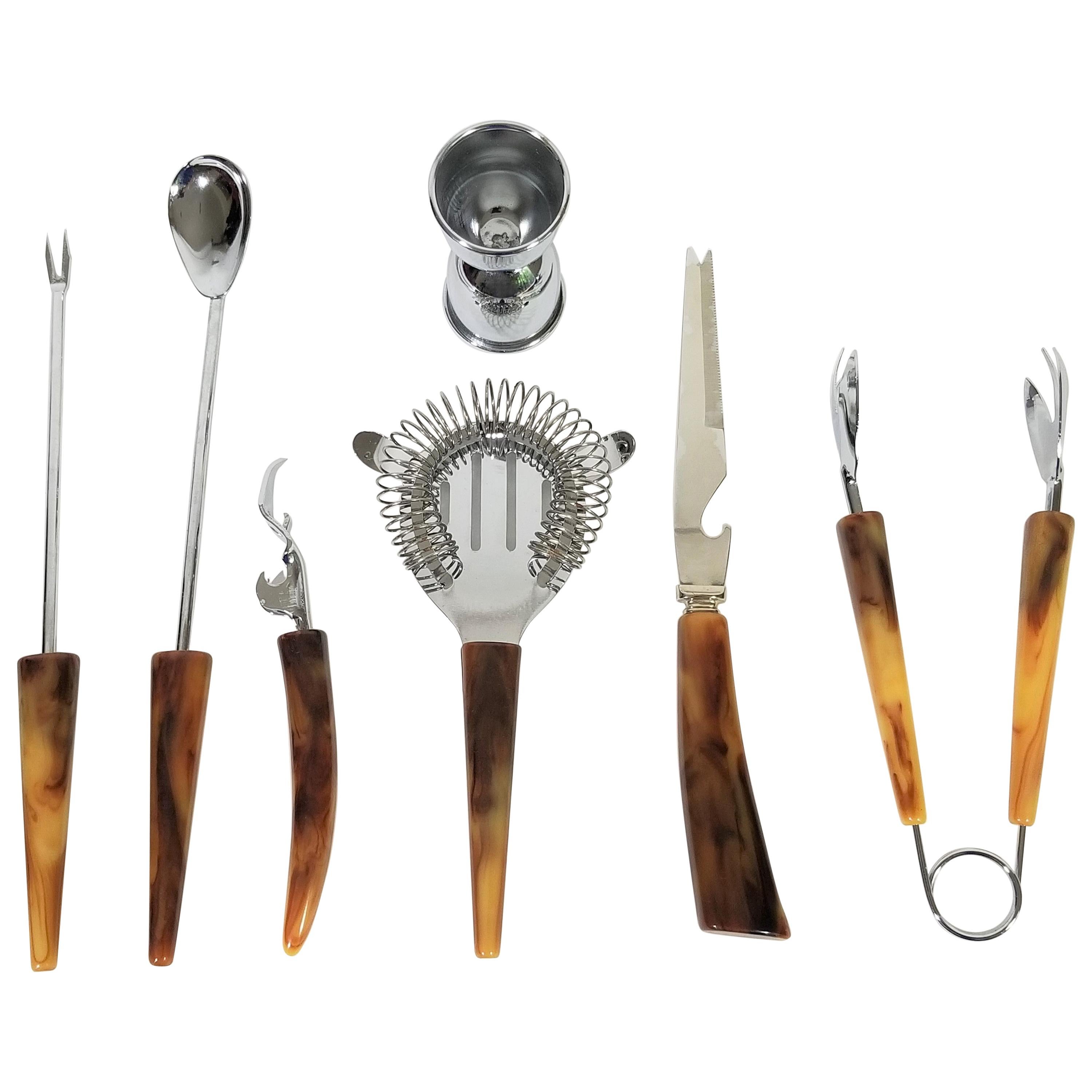 Bakelite Midcentury Bar Set 7 Piece Unused in Box at 1stDibs