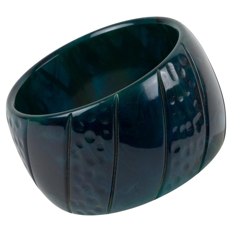 Bakelite Oversized Carved Bracelet Bangle Stormy Blue Marble For Sale ...