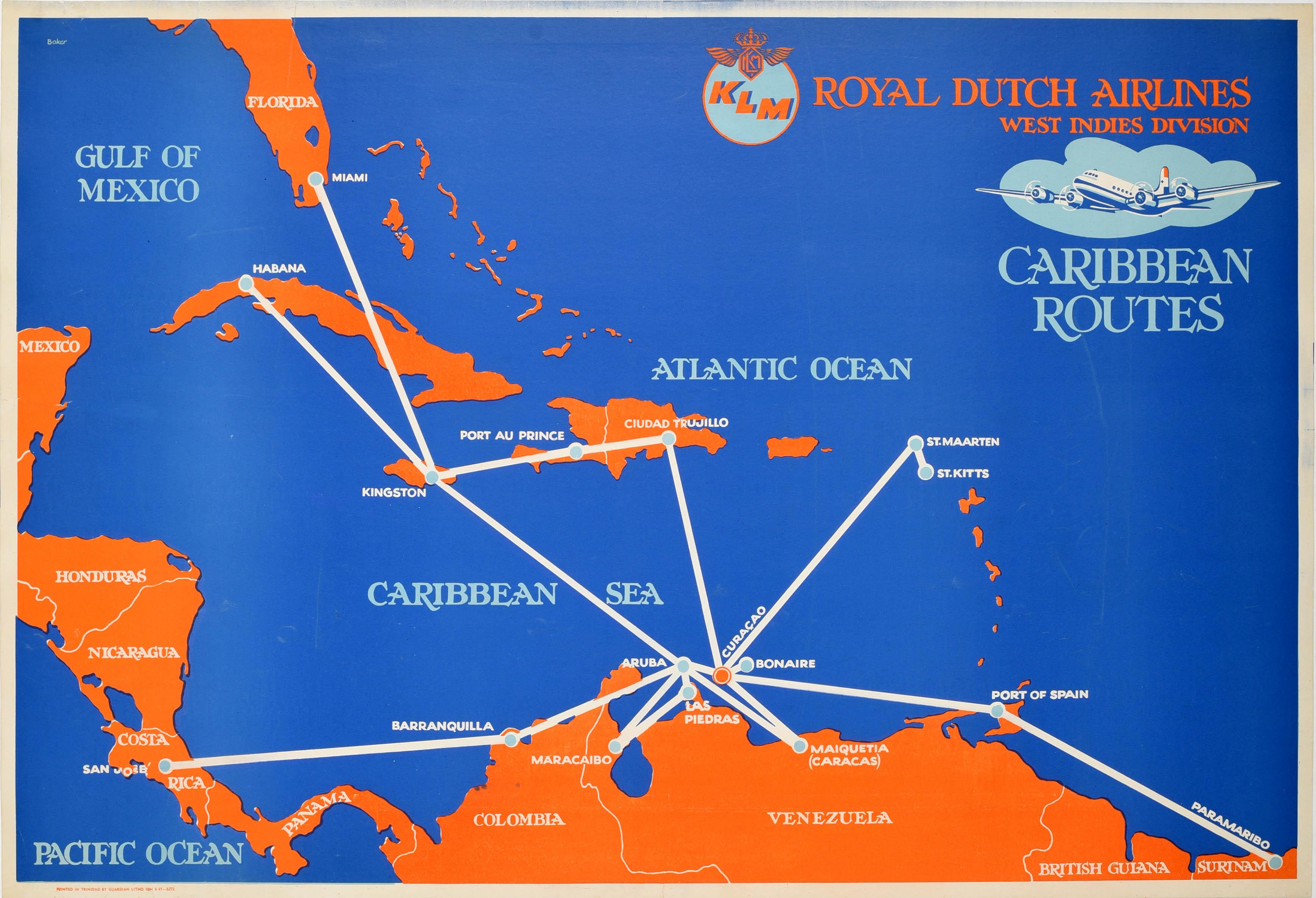 Baker - Original Vintage Poster KLM Air Travel West Indies Caribbean ...