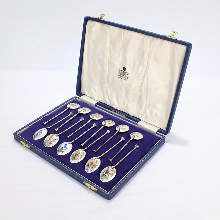 Baker and Ellis Boxed Set of 12 English Enameled Sterling Silver ...