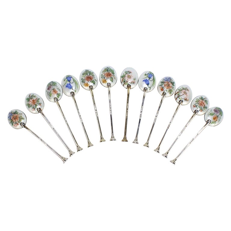 Baker and Ellis Boxed Set of 12 English Enameled Sterling Silver ...