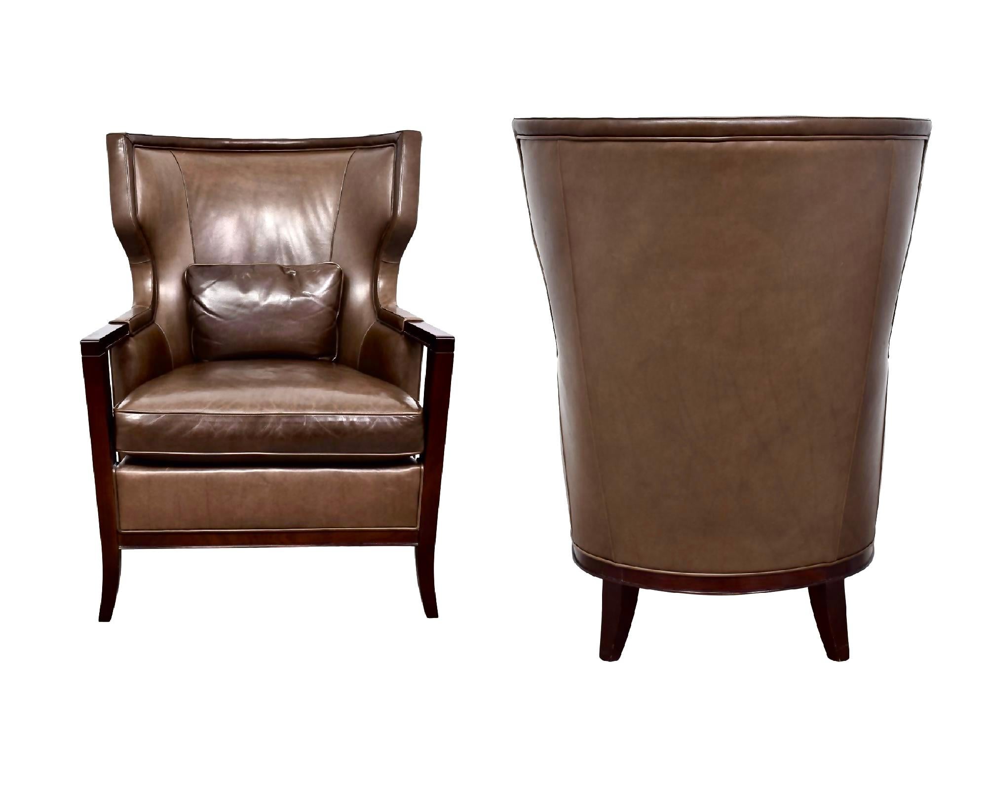 Baker Furniture Brown Leather Armchair, Transitional Lounge Chair, USA ...