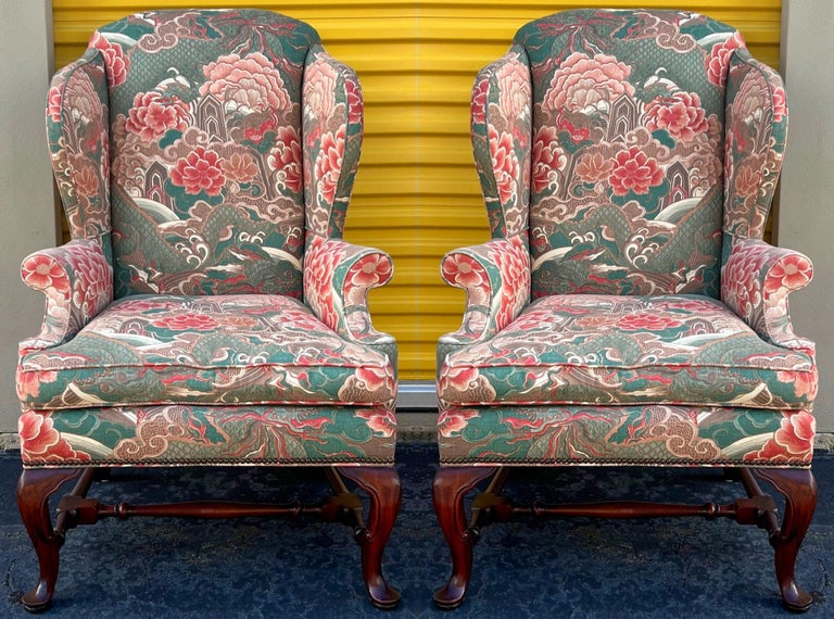 Baker Furniture Chinese Chippendale Style Mahogany Wingback Chairs ...